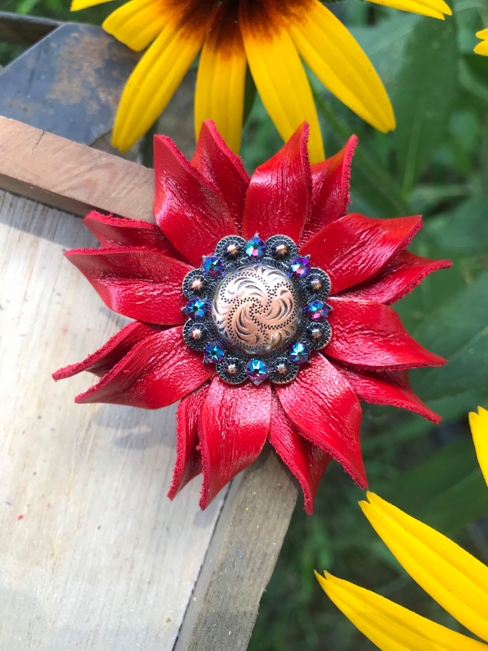 Red Sunflower Leather Flower Concho. Flower Concho for Tack, Saddle ...