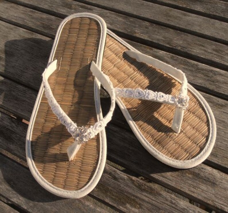 Ladies Straw Wedding Flip Flops With Heart Lace and Sparkles - Etsy