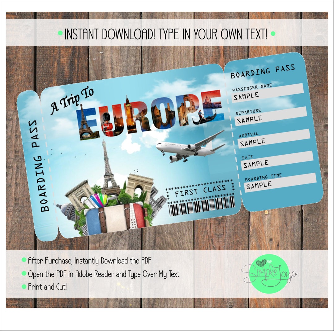Printable Ticket to Europe Boarding Pass, Customizable Template ...
