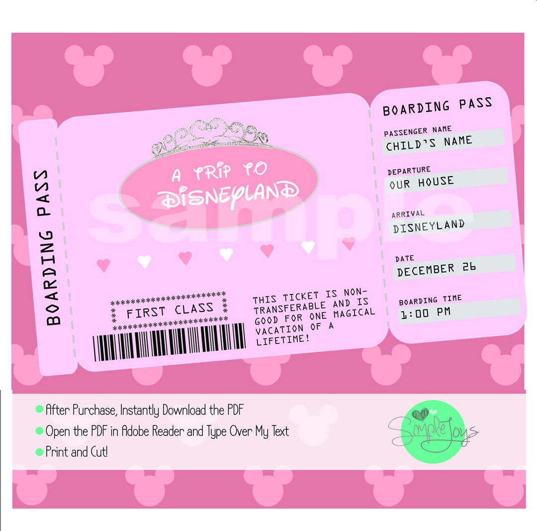 Printable Ticket to Disneyworld/disneyland Customizable Ticket, Digital ...