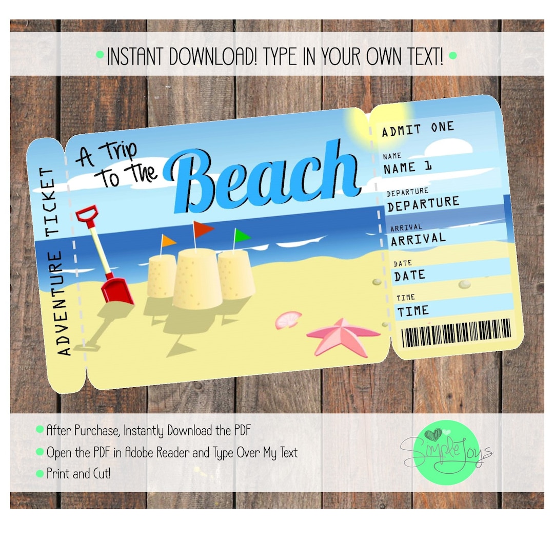 Ticket to the Beach Vacation Boarding Pass - Digital File - You Fill ...