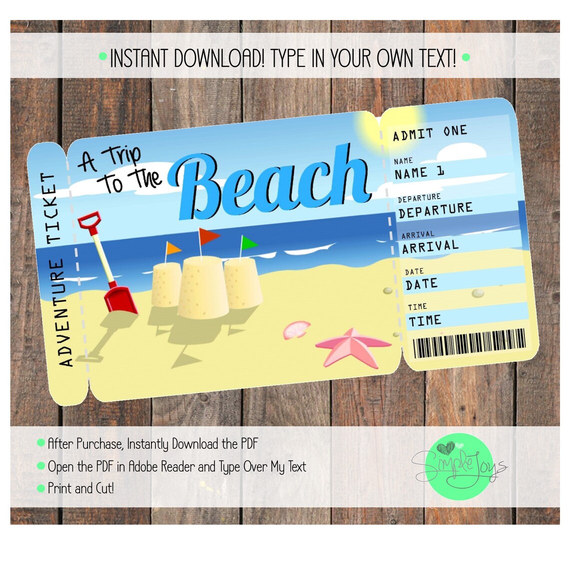 Ticket to the Beach Vacation Boarding Pass - Digital File - You Fill ...