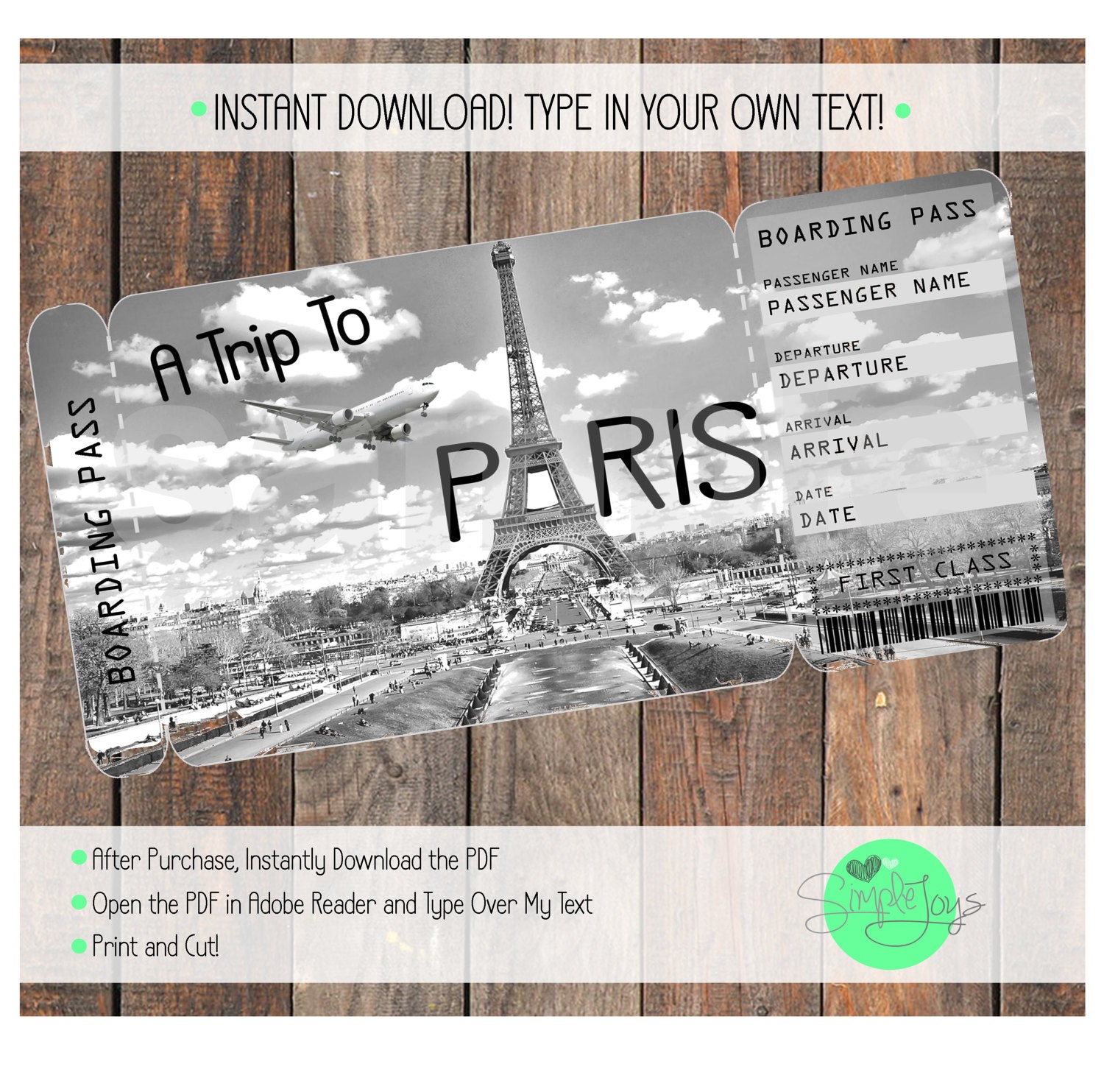 Printable Ticket to Paris Boarding Pass Surprise Vacation | Etsy