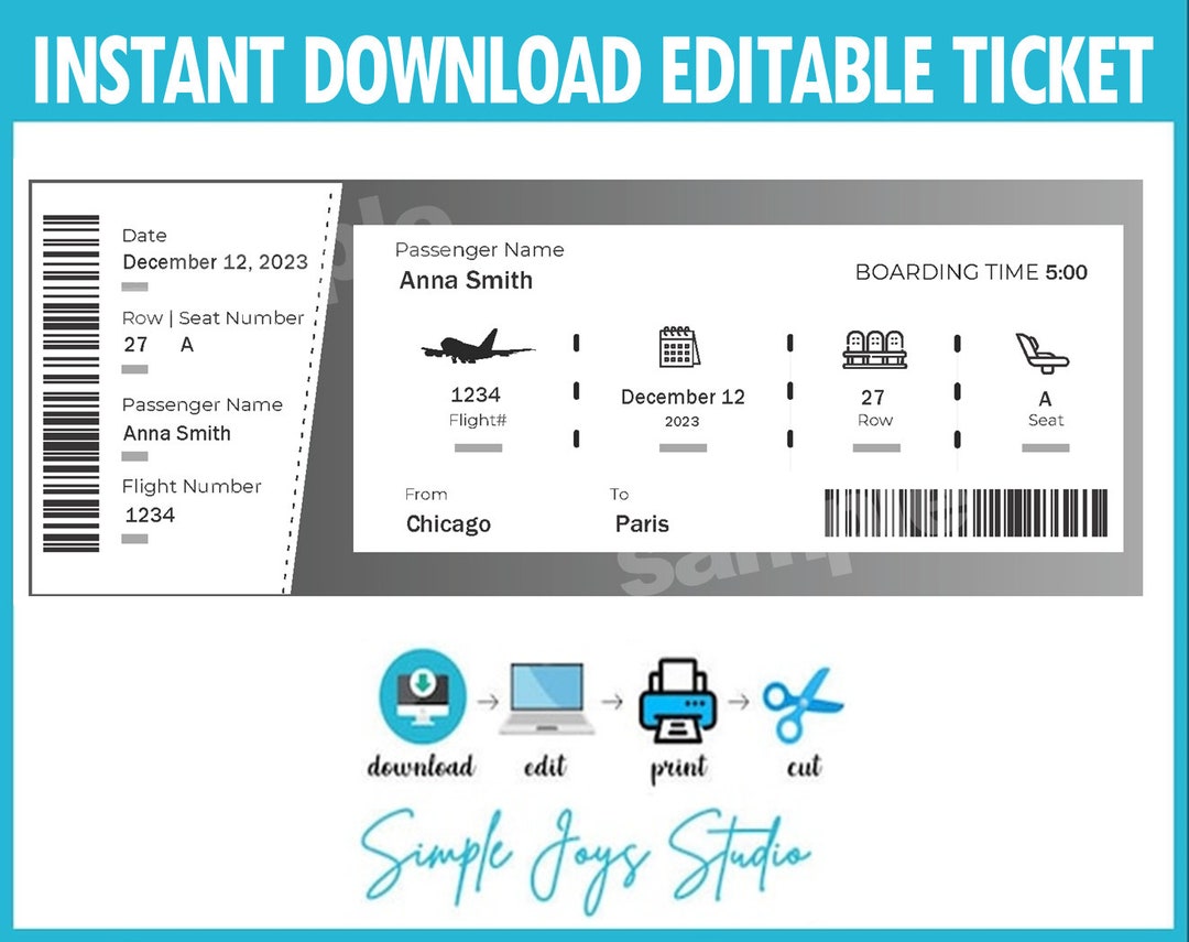 Printable Airline Ticket Boarding Pass Template, Vacation, Trip ...