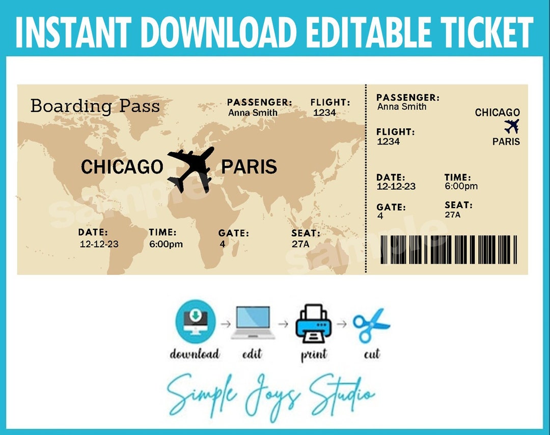 Printable Airline Ticket Boarding Pass Template, Vacation, Trip ...
