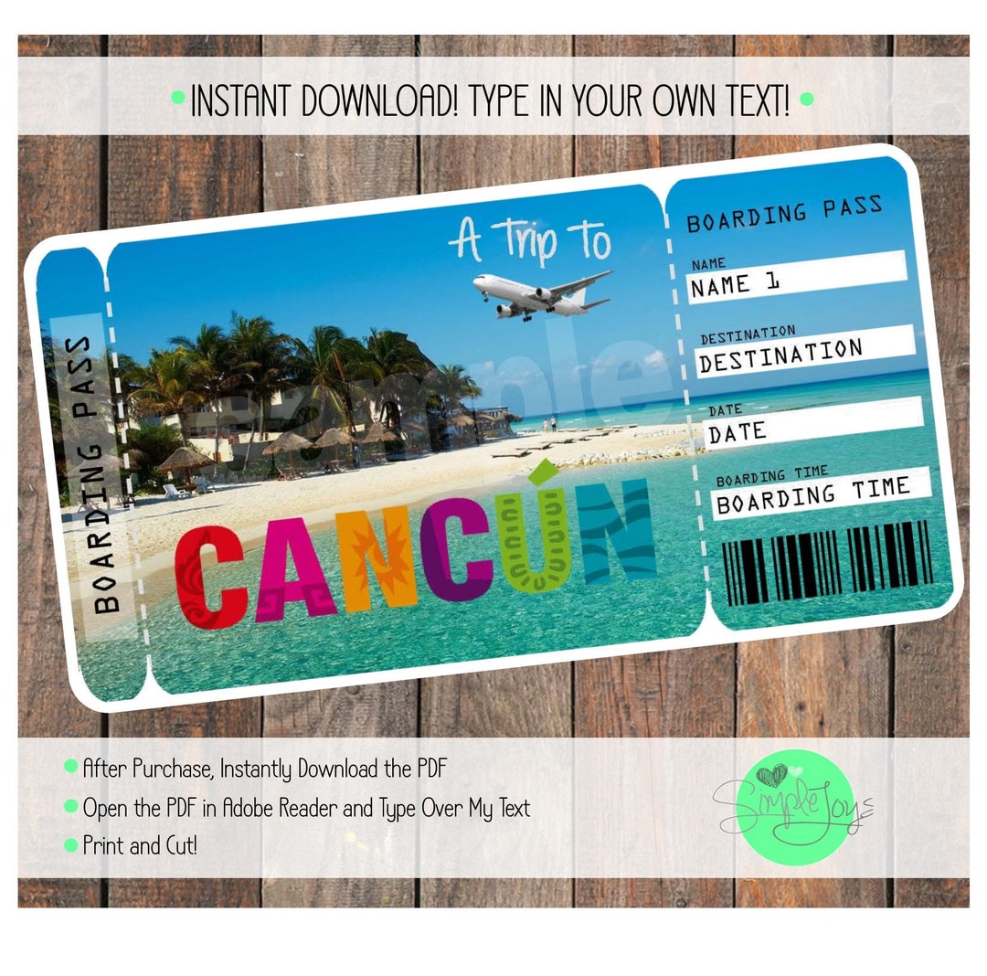 Printable Ticket to Cancun Boarding Pass, Surprise Vacation Trip Ticket ...