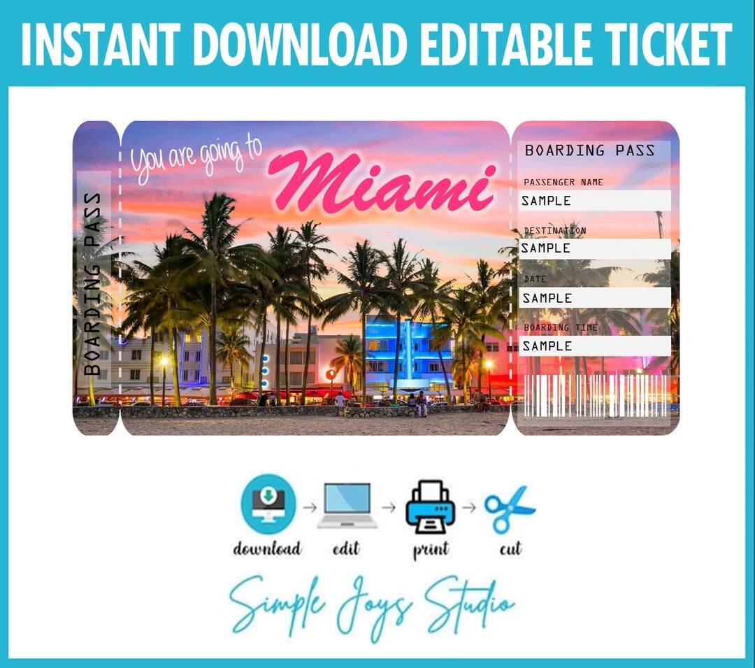 Printable Ticket to Miami Florida Boarding Pass, Surprise Vacation Trip ...