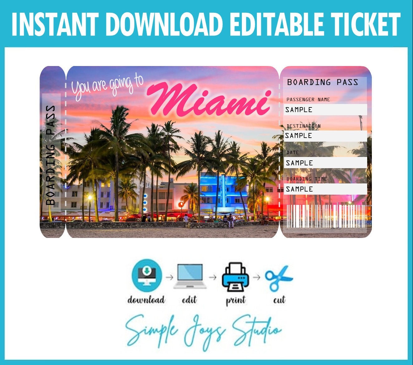 Printable Miami Boarding Pass: Surprise Vacation Ticket (digital File ...