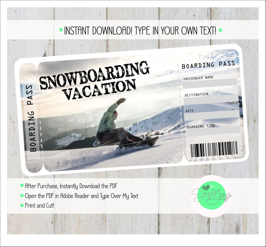 Snowboarding Vacation Boarding Pass Ticket: Customizable Template ...
