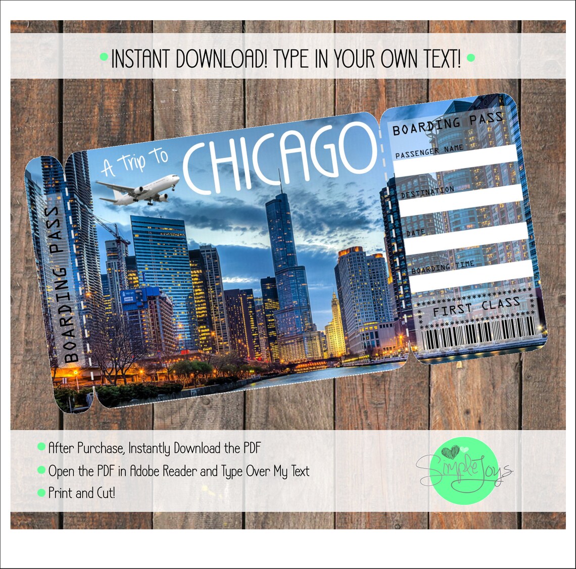 Printable Ticket to Chicago Boarding Pass, Customizable Template ...