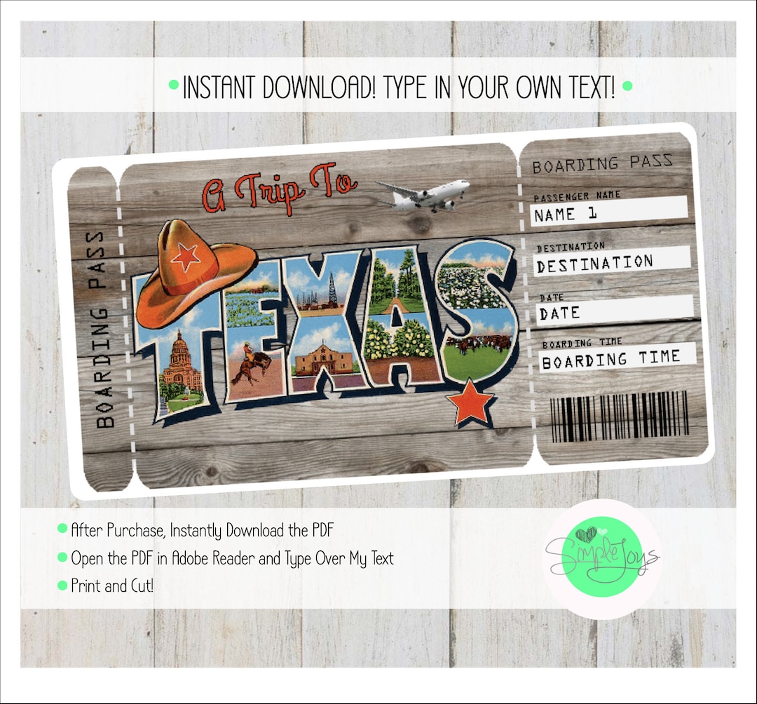 Printable Ticket to Texas Boarding Pass, Customizable Template, Digital ...