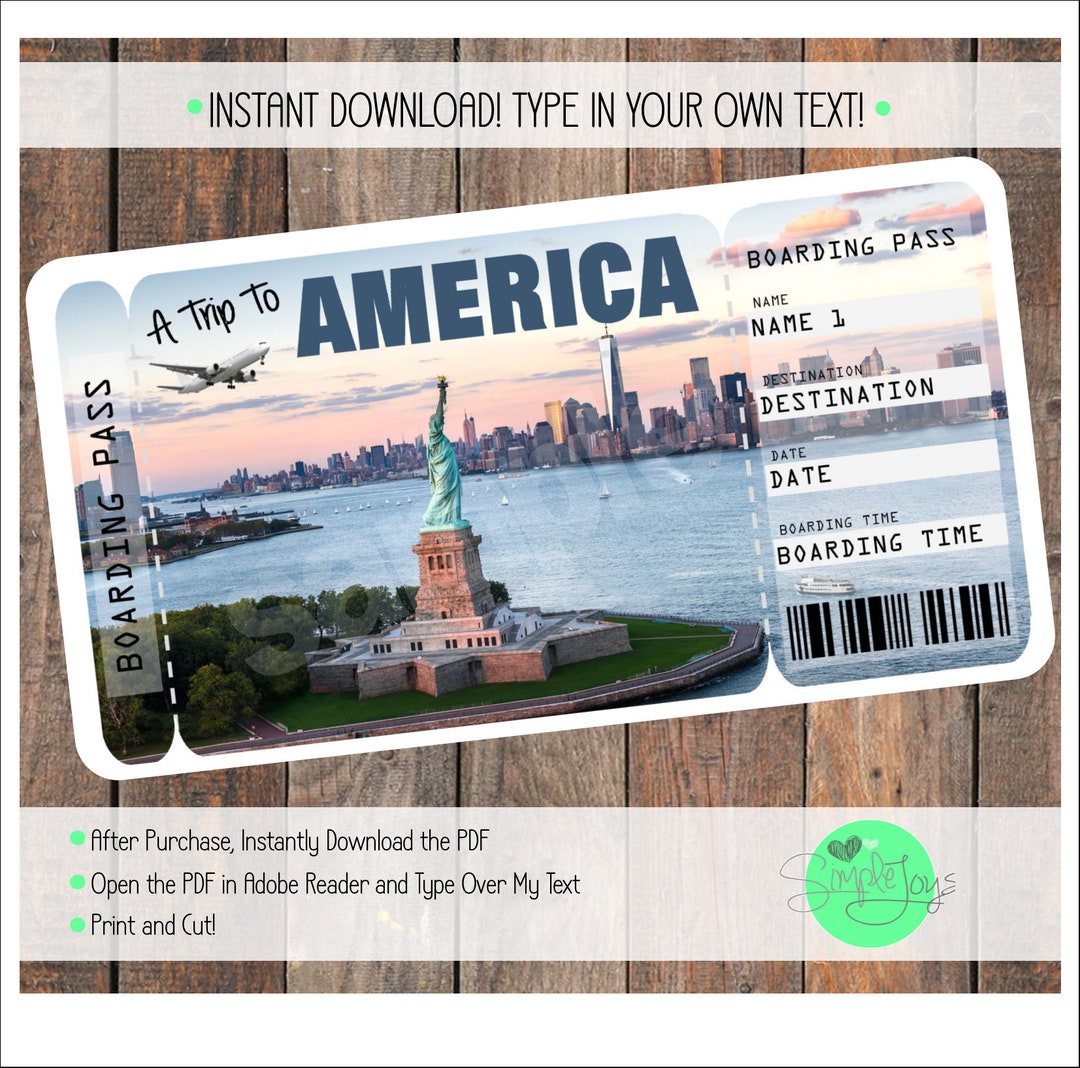 Printable Ticket to America Boarding Pass, Surprise Vacation Trip ...