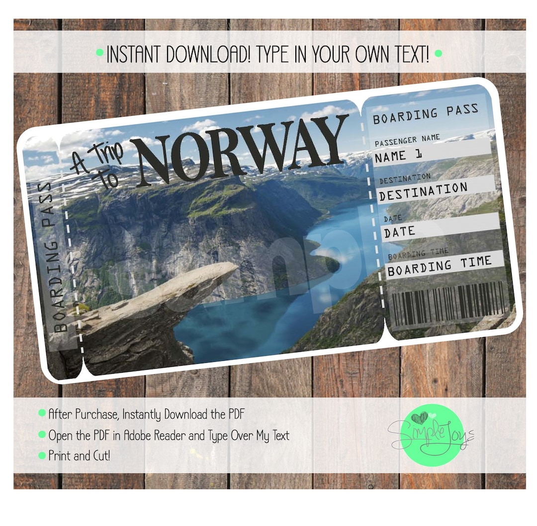 Printable Ticket to Norway Boarding Pass, Customizable Template ...