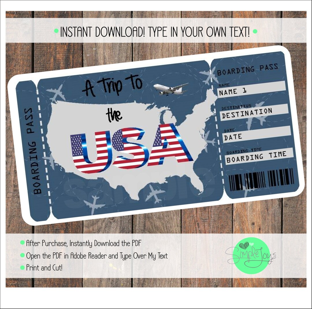 Printable Ticket to the USA Boarding Pass, Customizable Template ...
