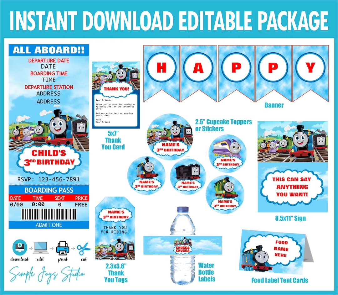 Thomas the Train Birthday Party Package: Fillable Template (digital ...
