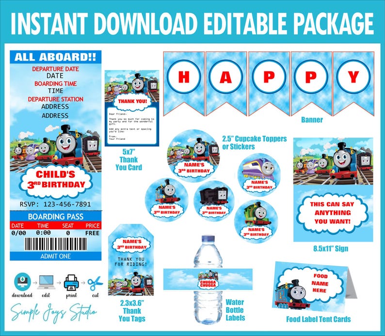 Thomas the Train Birthday Party Package: Fillable Template (digital ...