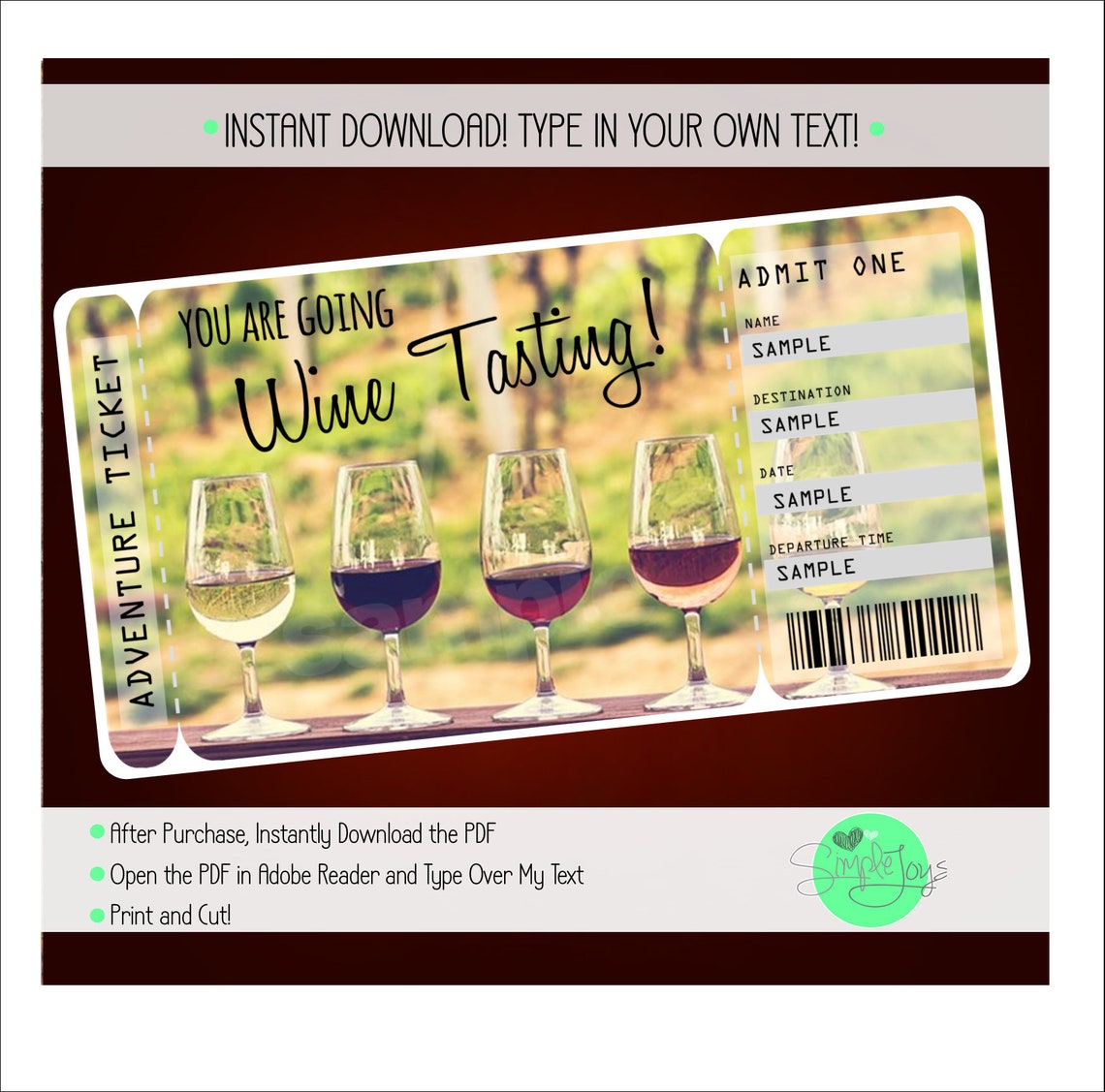 Printable Wine Tasting Trip Ticket: Surprise Vacation Boarding Pass ...
