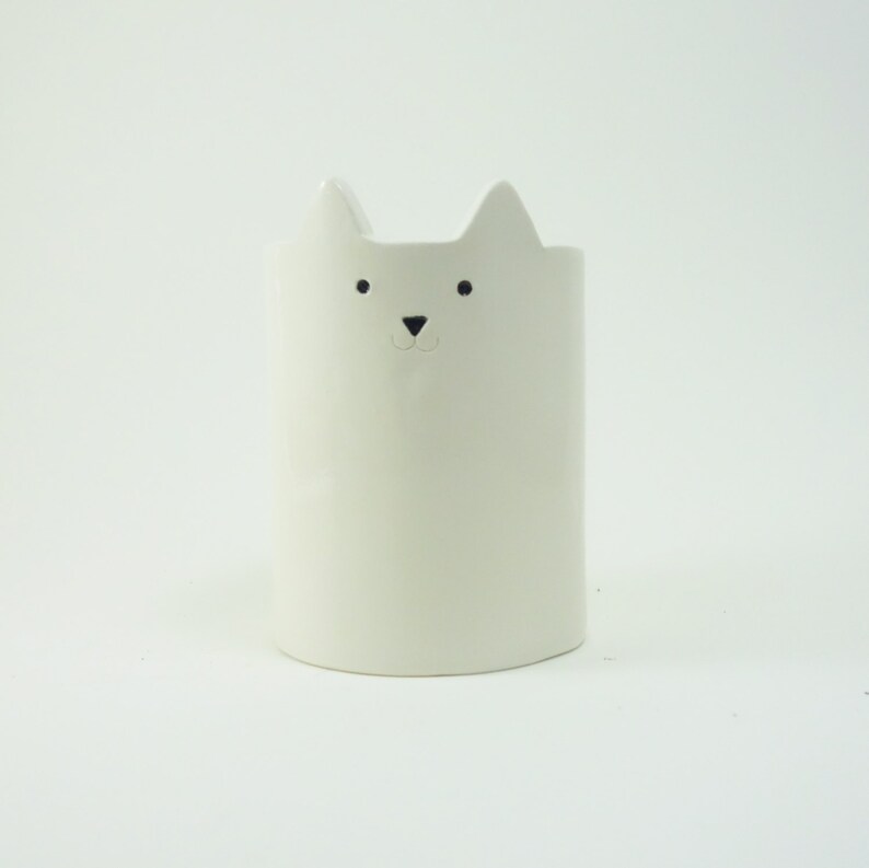 Cat Plant Pot, Ceramic White Cat, Pen Holder or Animal Planter - Etsy