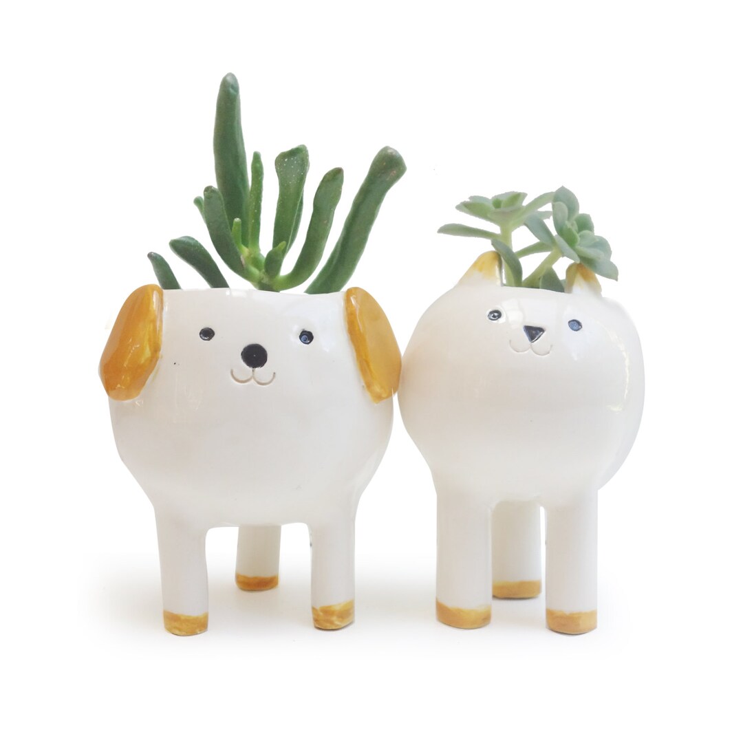 Cute Cat and Dog Planters, Pair of Desktop Plant Pots, White Ceramic ...