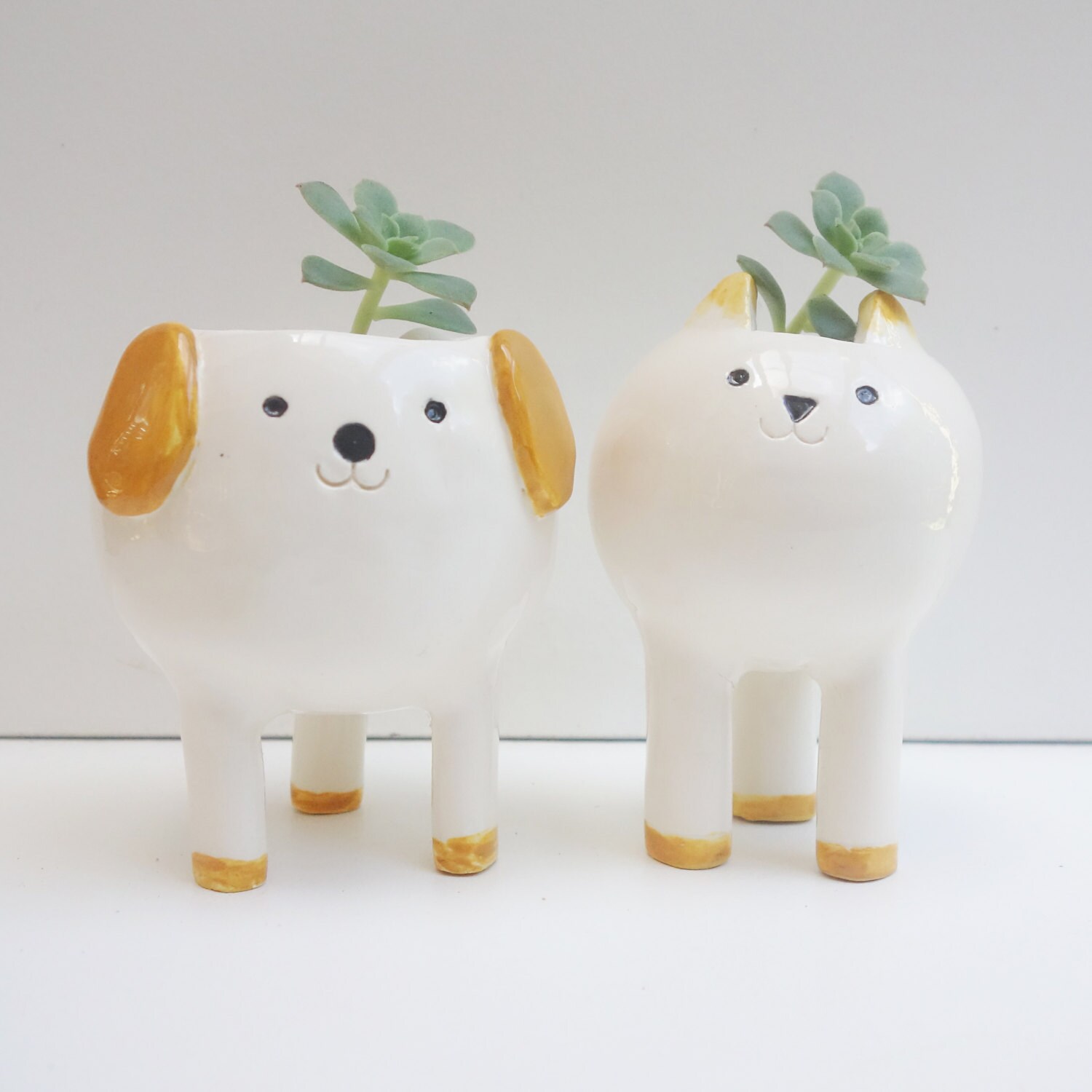 Cute Cat and Dog Planters Pair of Desktop Plant Pots White - Etsy