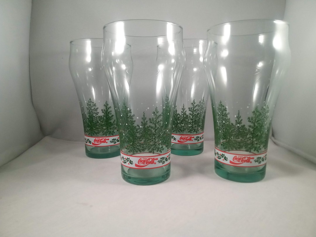 Coca Cola Christmas Glasses, Set of 4, Christmas Ribbon, Pine Trees ...