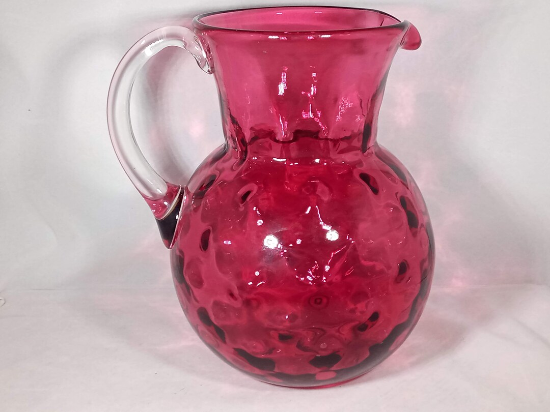 Cranberry Glass Pitcher, Hand Blown, 48 Ounces, Interior Optic Dot ...