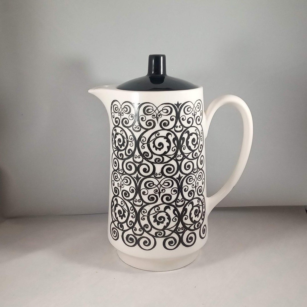 Coffee Pot, With Lid, Inarco Pottery, Japan, White, Black Curlicue ...