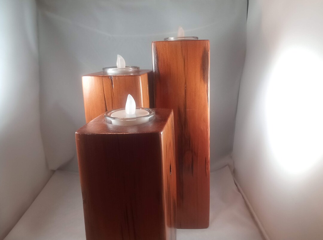 Three Wooden Beam Candle Holders, Set of 3, Rustic, Tealights, Clear ...