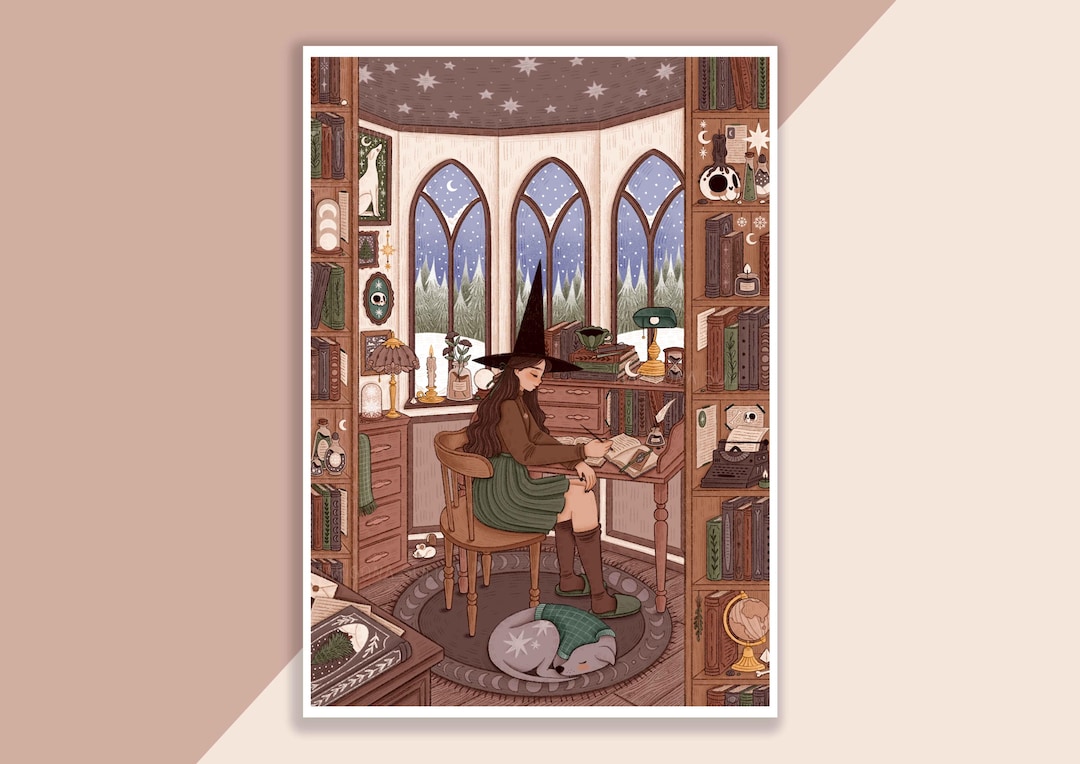 Dark Academia Witch Writing at the Desk Print | Poster, Wall Decor ...