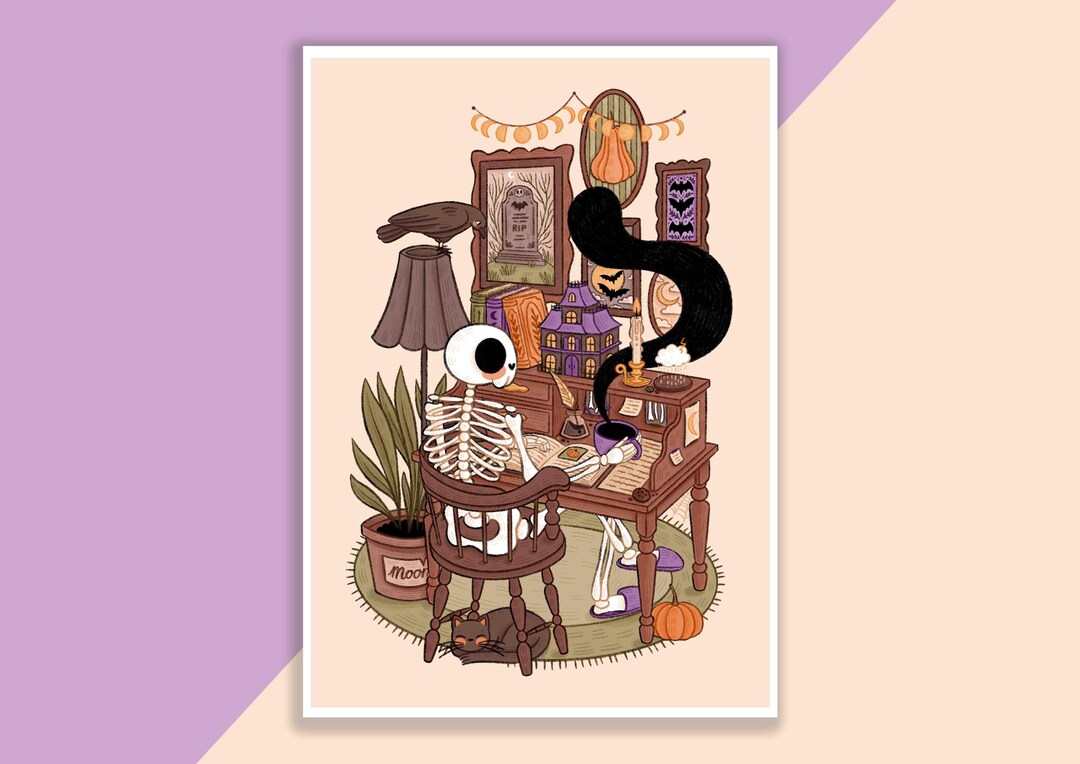 Skully the Book Loving Skeleton at His Desk Print | Poster, Wall Decor ...