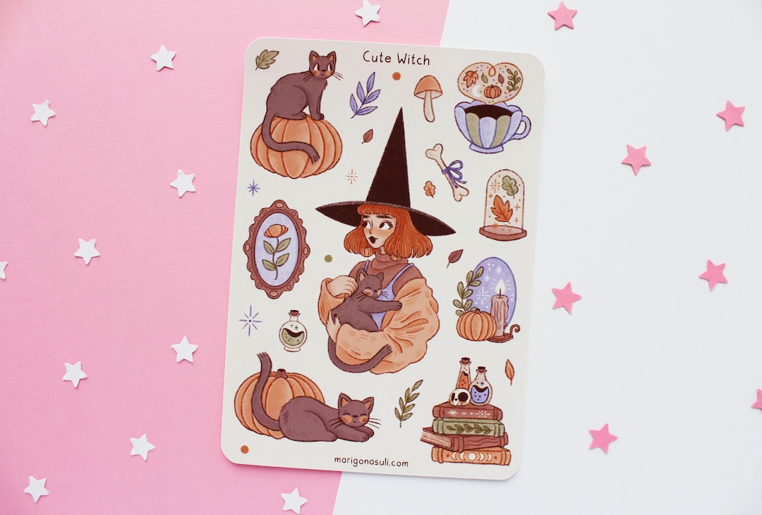 Cute Witch Sticker Sheet | Journal Stickers, Scrapbook Sticker, Planner ...