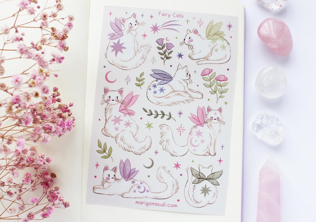 Feuille d'autocollants imperméables en vinyle mat fées chats | Stickers pour carnet ...