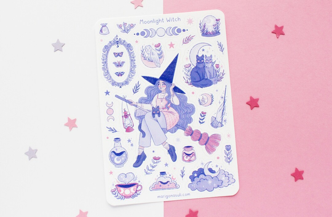 Moonlight Witch Sticker Sheet | Journal Stickers, Scrapbook Sticker ...