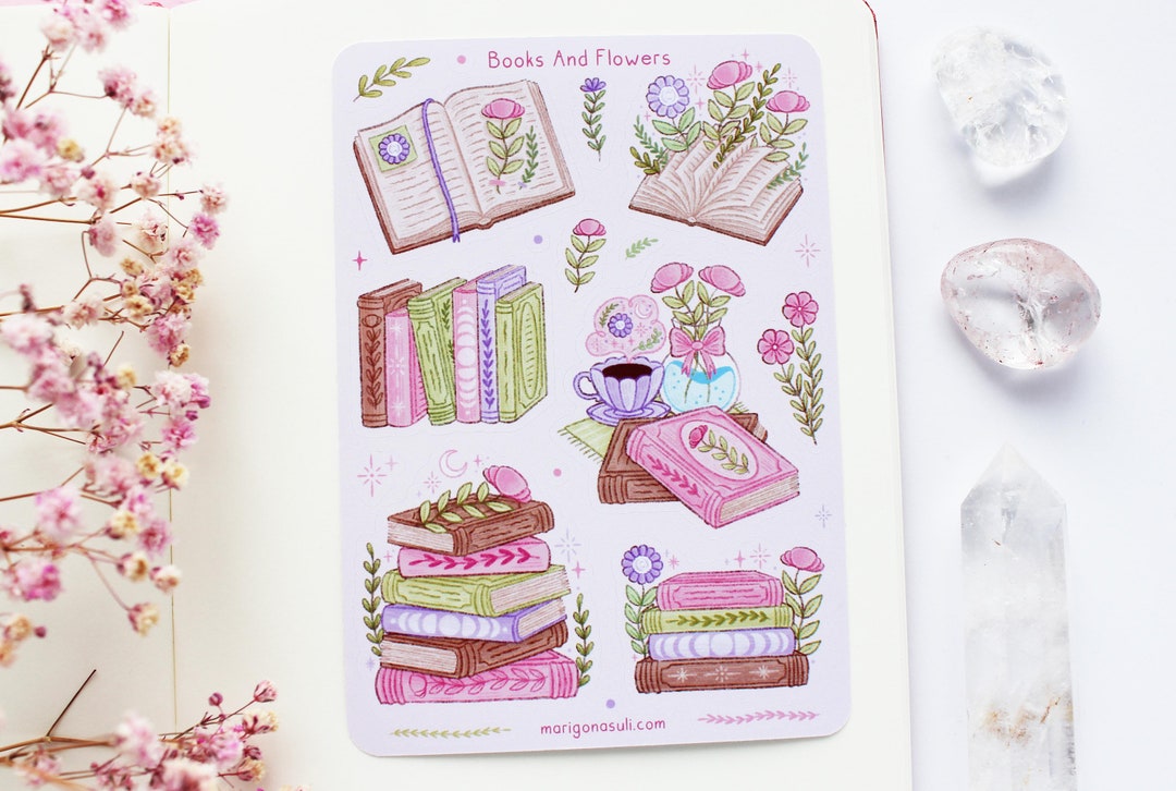 Books and Flowers Pink Sticker Sheet | Journal Stickers, Scrapbook ...