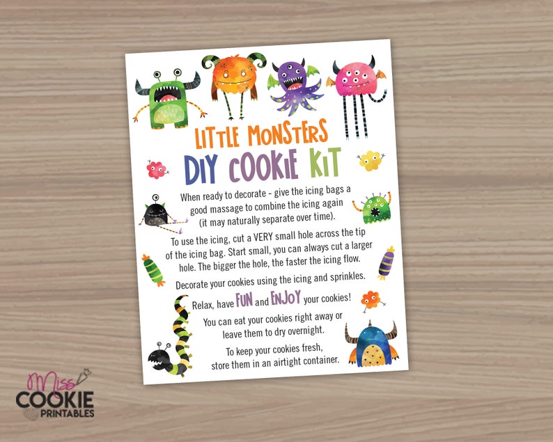 Halloween Little Monsters DIY Cookie Kit Instructions Card 4"x5" Kids ...