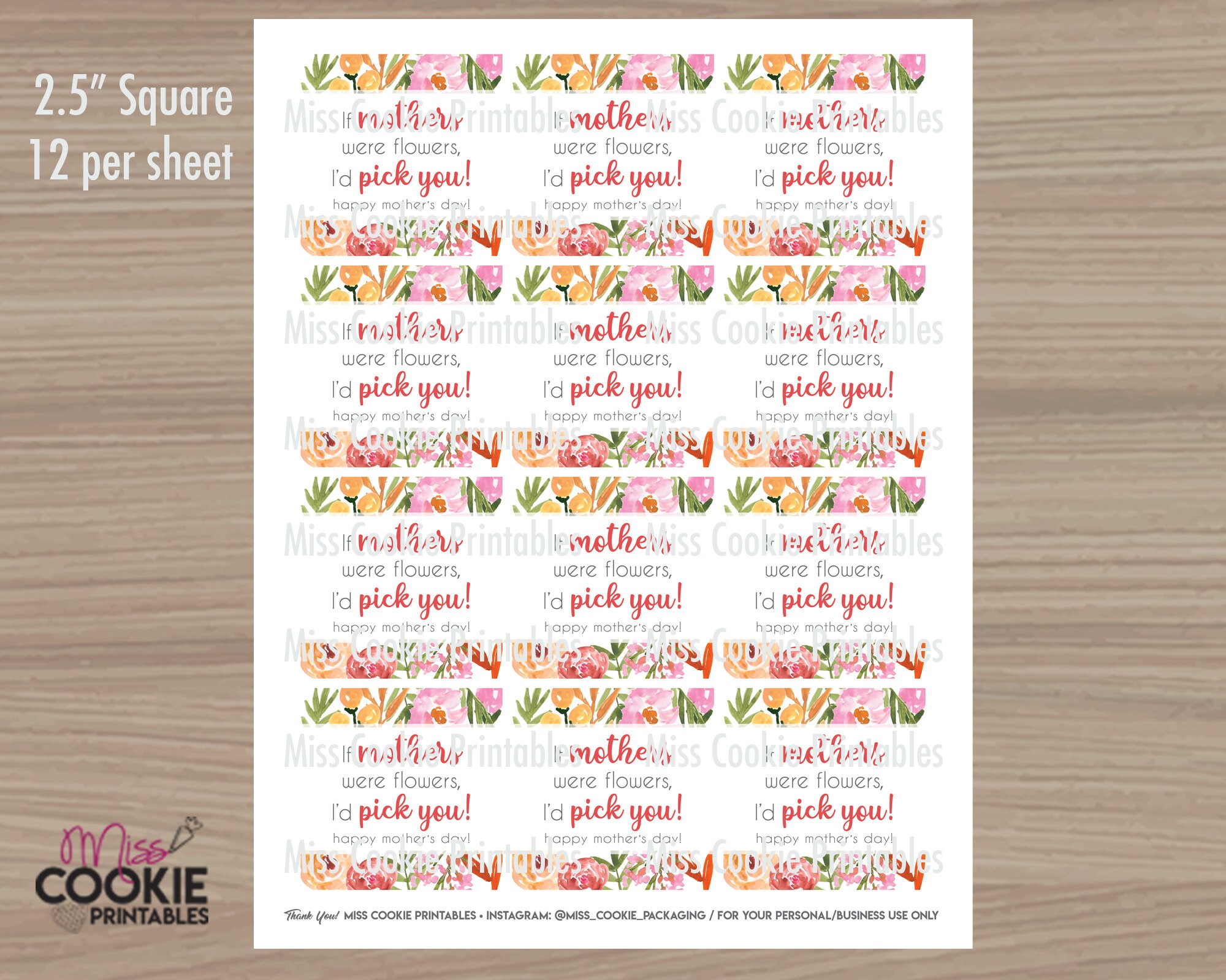 Printable Cookie Bouquet Mother's Day Square Tag 2 Inch, 2.5 Inch and 3 ...