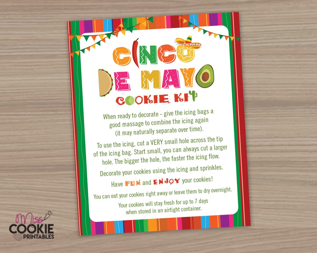 Printable Cinco De Mayo Cookie Kit Instructions Card 4" X 5" Cinco De ...