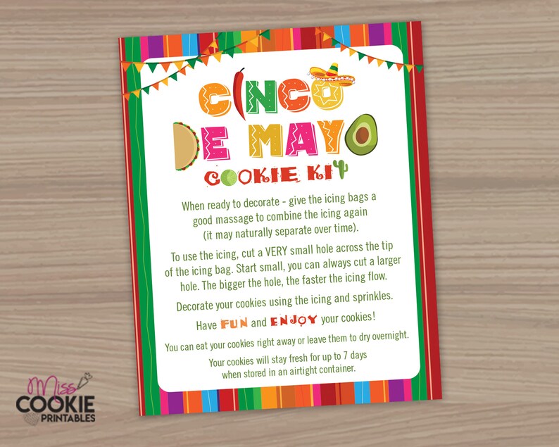 Printable Cinco De Mayo Cookie Kit Instructions Card 4" X 5" Cinco De ...