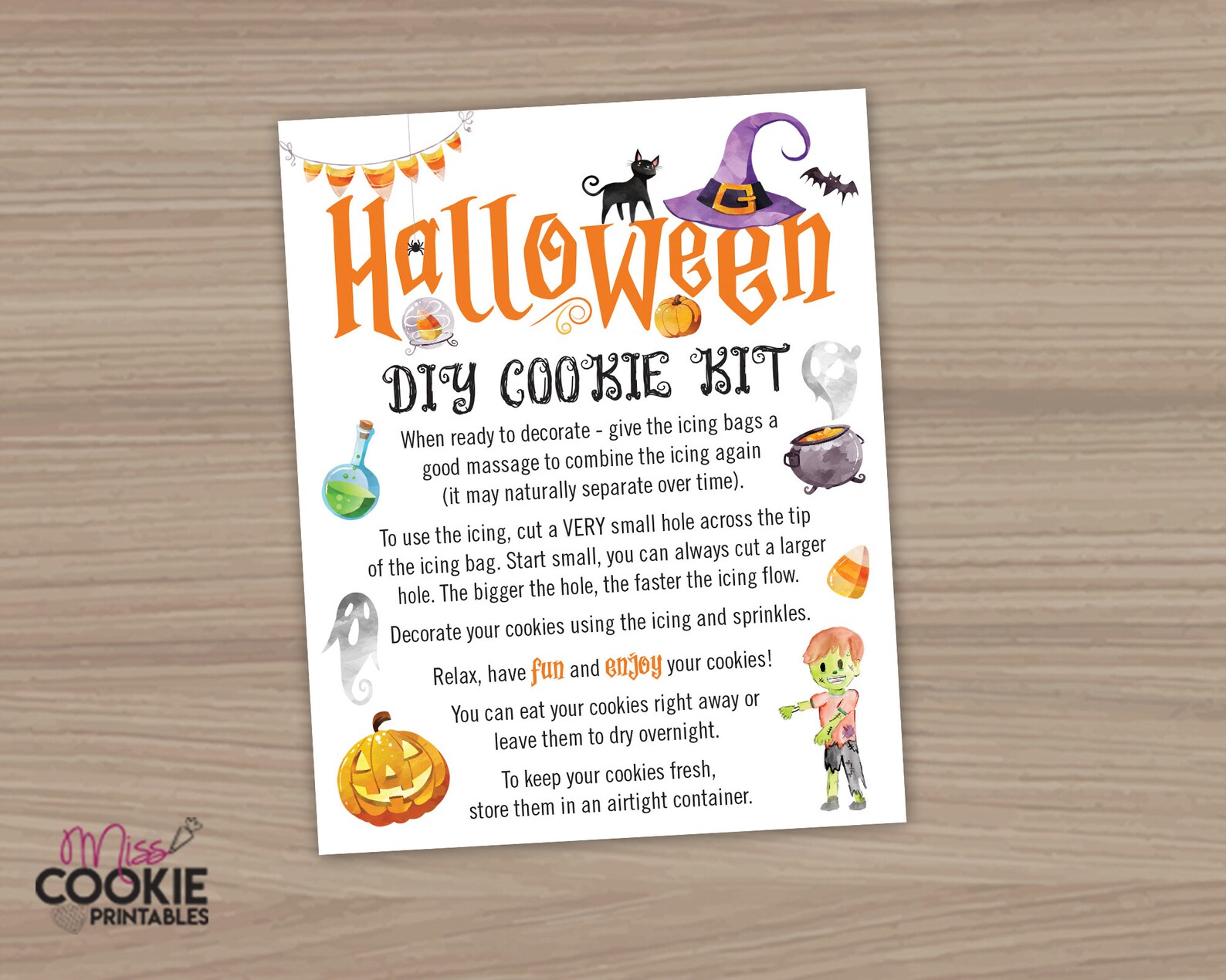 Halloween DIY Cookie Kit Instructions Card 4"x5" Kids Cookie DIY ...