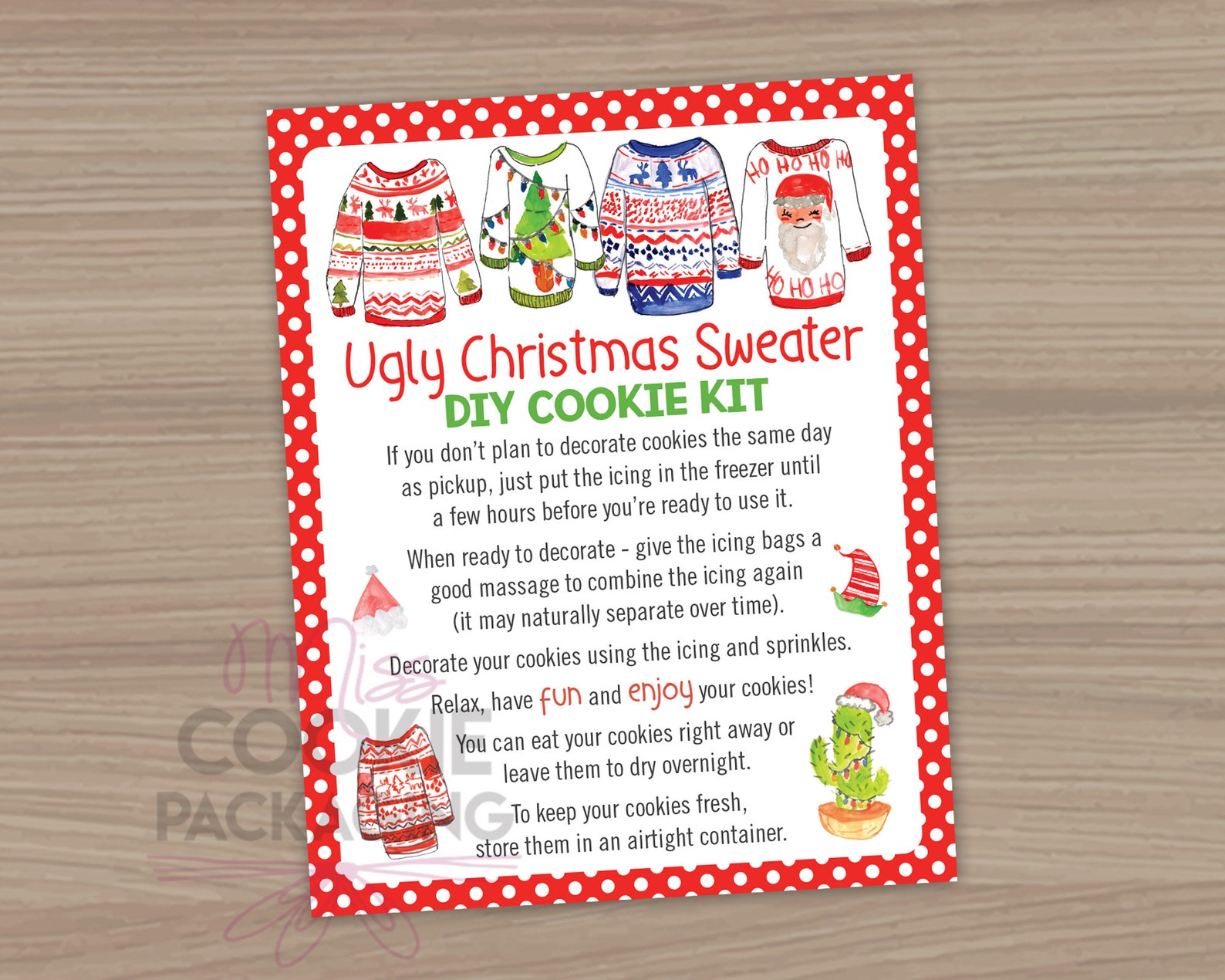 Ugly Christmas Sweaters DIY Cookie Kit Instructions Card 4"x5", Kids ...