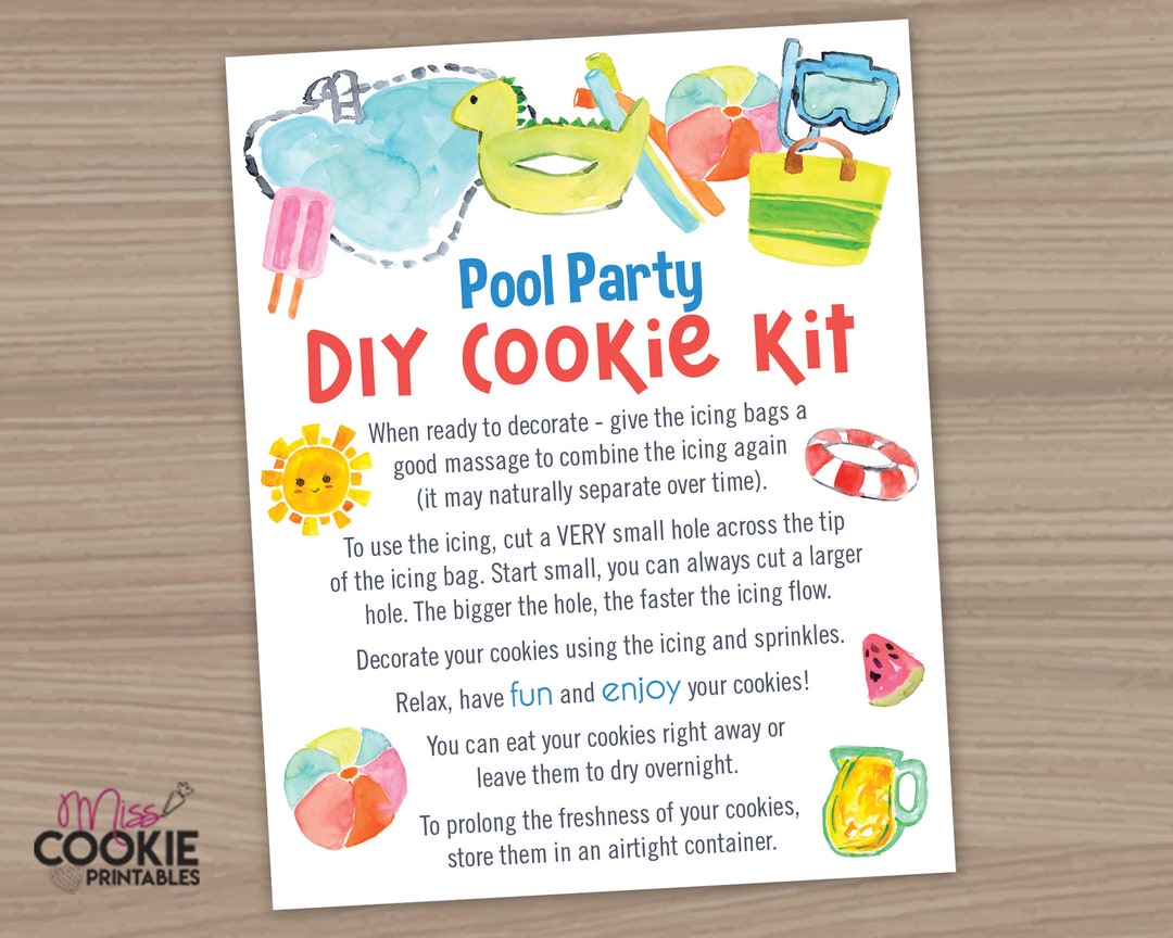 Printable Pool Party Cookie Kit Instructions Card 4"x5" Cookie ...