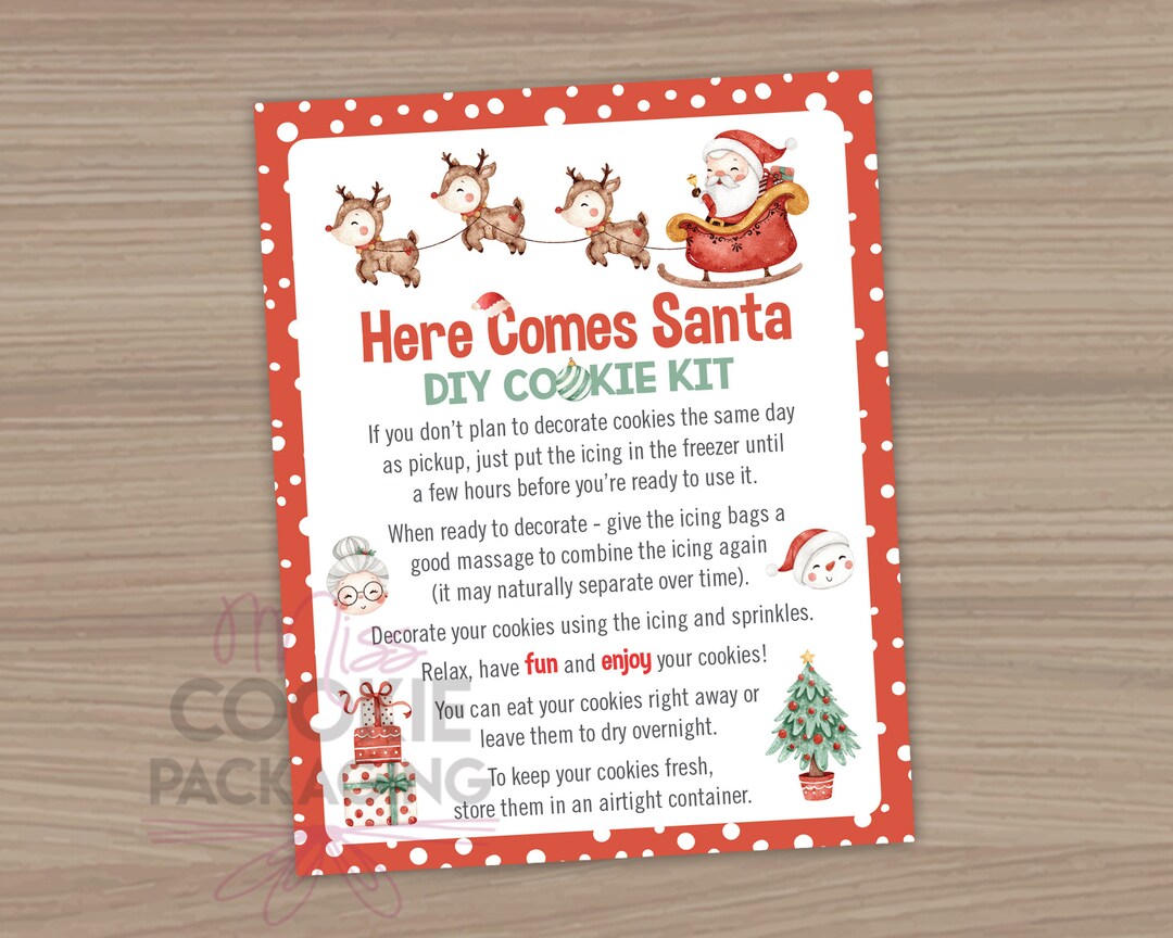 Here Comes Santa DIY Cookie Kit Instructions Card 4"x5", Christmas Kids ...
