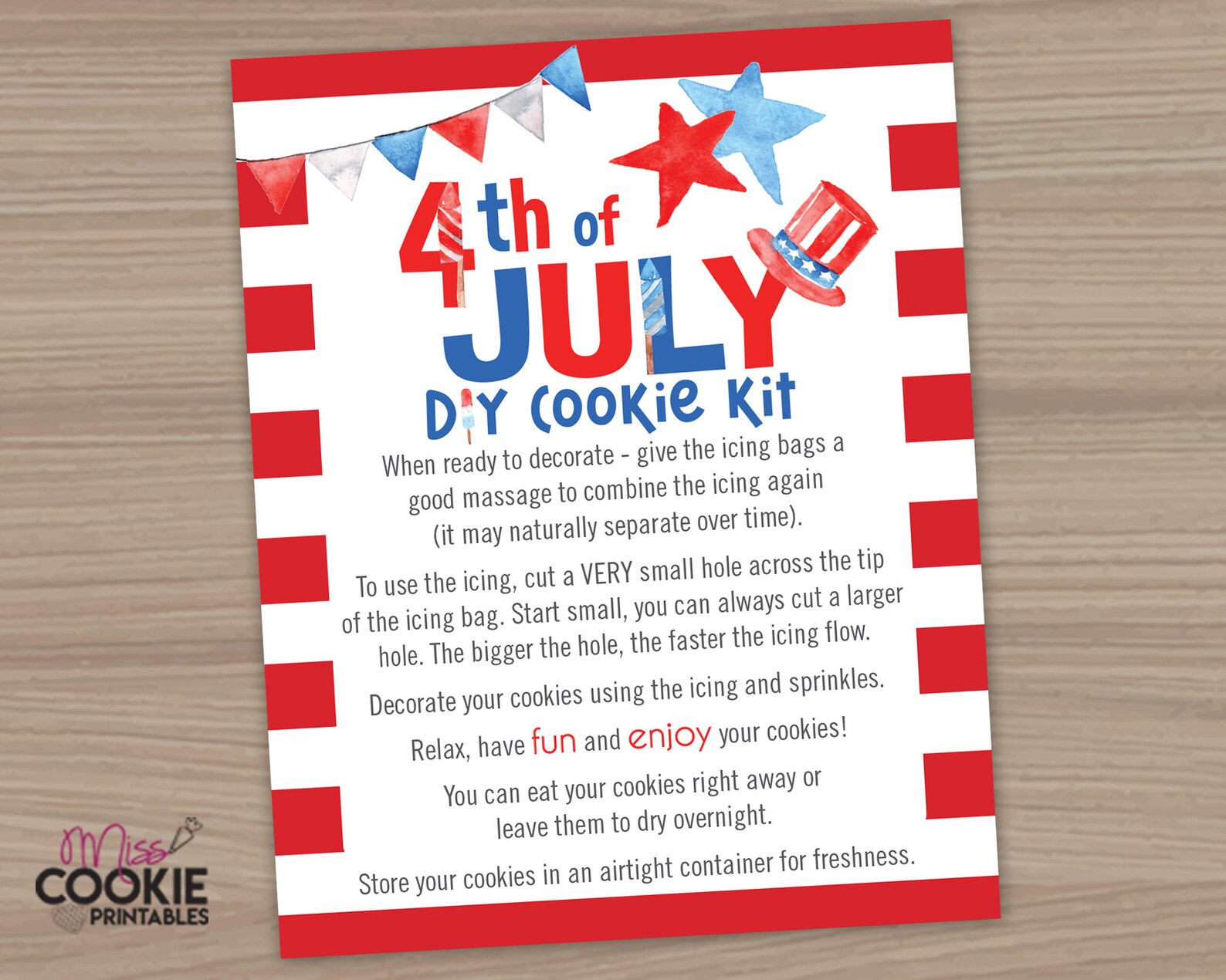 Printable 4th of July Cookie Kit Instruction Card - Etsy