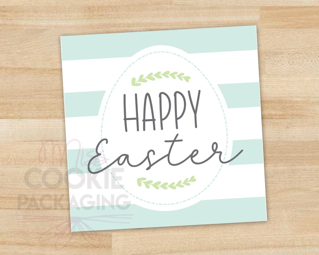 Happy Easter 2" Cookie Tag, Pastel Teal Stripes Easter Egg Cookie Tag ...