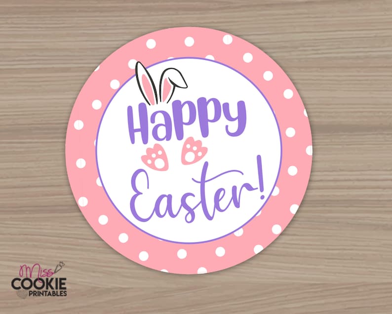 Printable Happy Easter Pink White Dots 2 Inch Circle Tag | Etsy