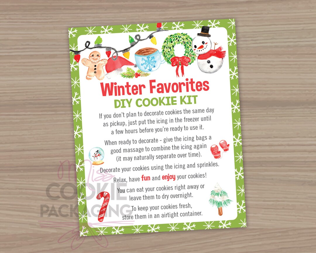 Winter Favorites DIY Cookie Kit Instructions Card 4"x5", Christmas Kids ...