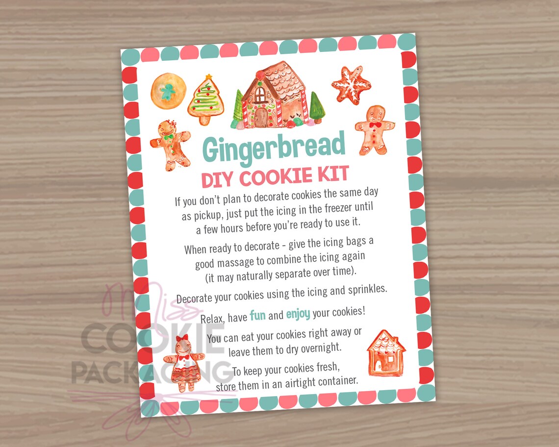 Gingerbread DIY Cookie Kit Instructions Card 4"x5", Christmas Kids ...