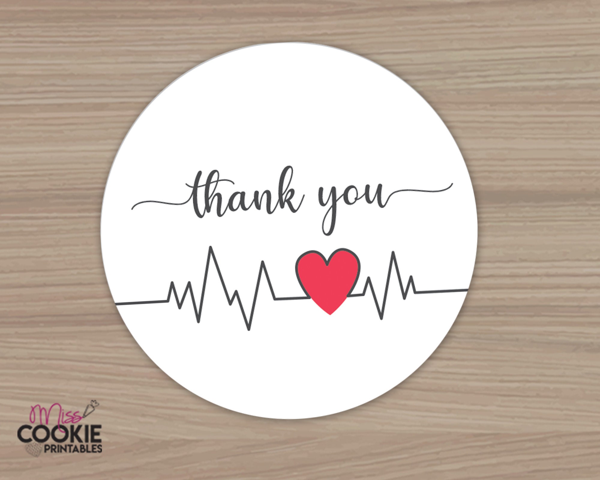 Printable thank you heart beat line 2 inch circle tag cookie | Etsy