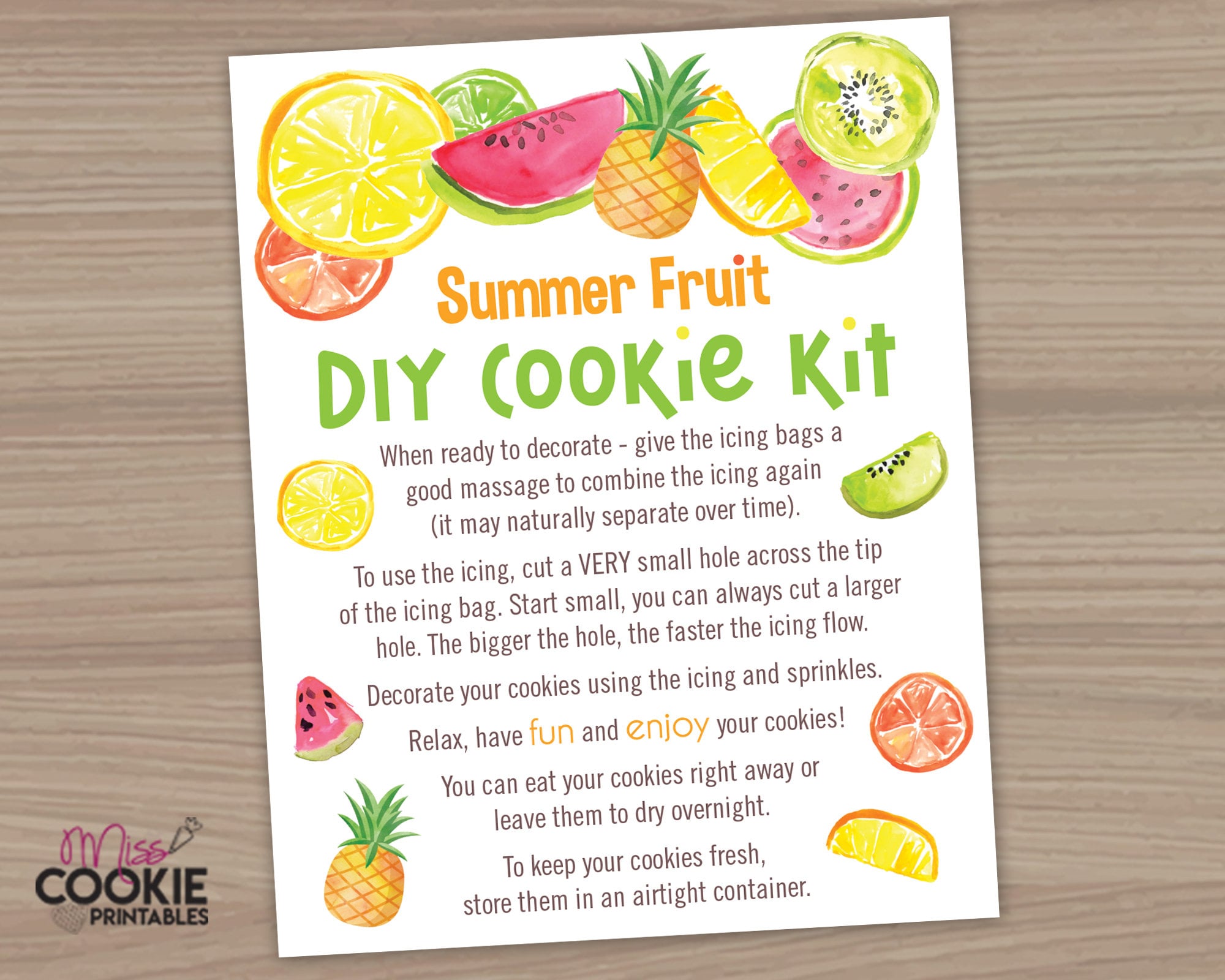 Printable Summer Fruit Cookie Kit Instructions Card 4"x5" Cookie ...