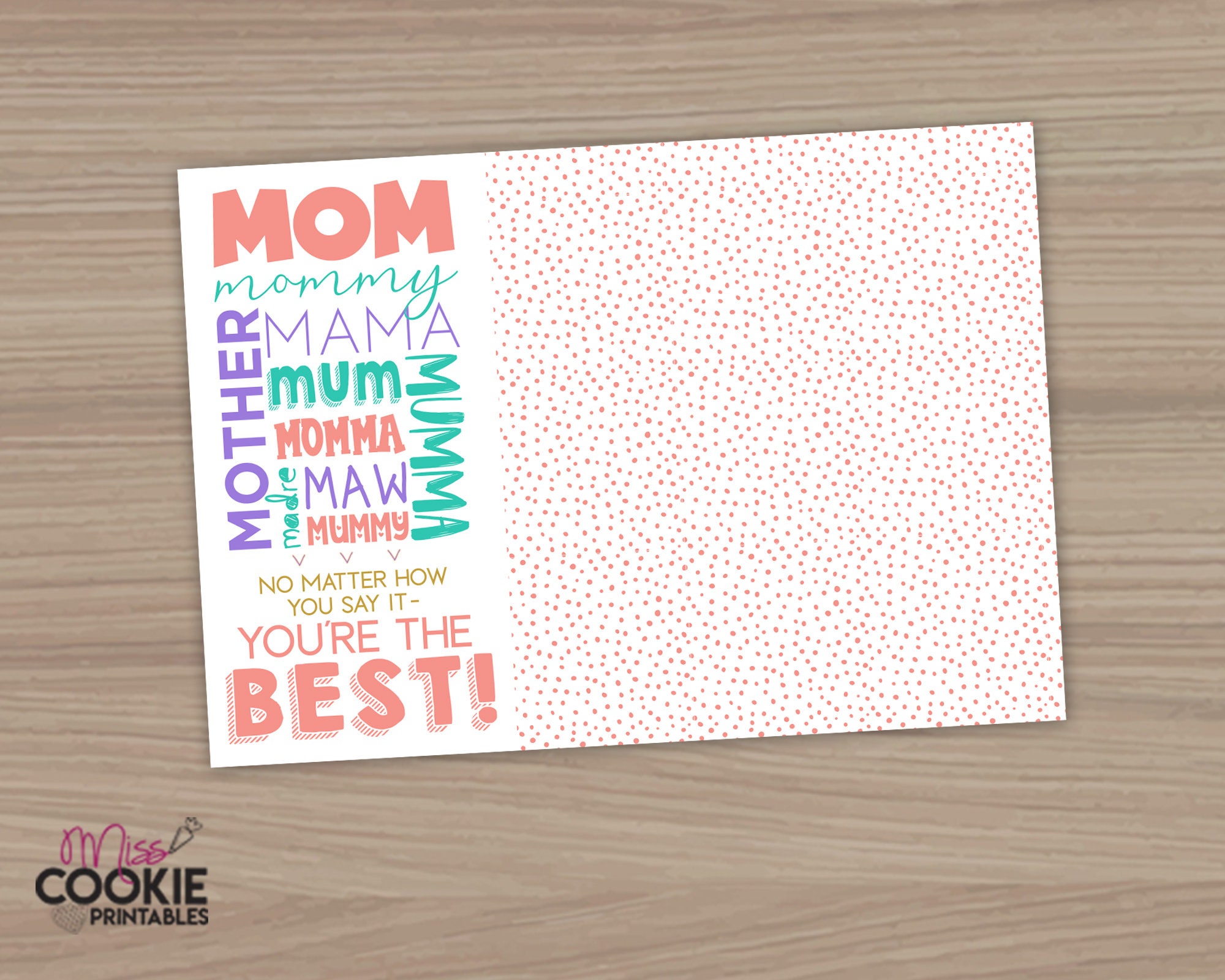 Printable Mini Cookie Card mom You're the Best 5 X 3.5 Mother's Day ...